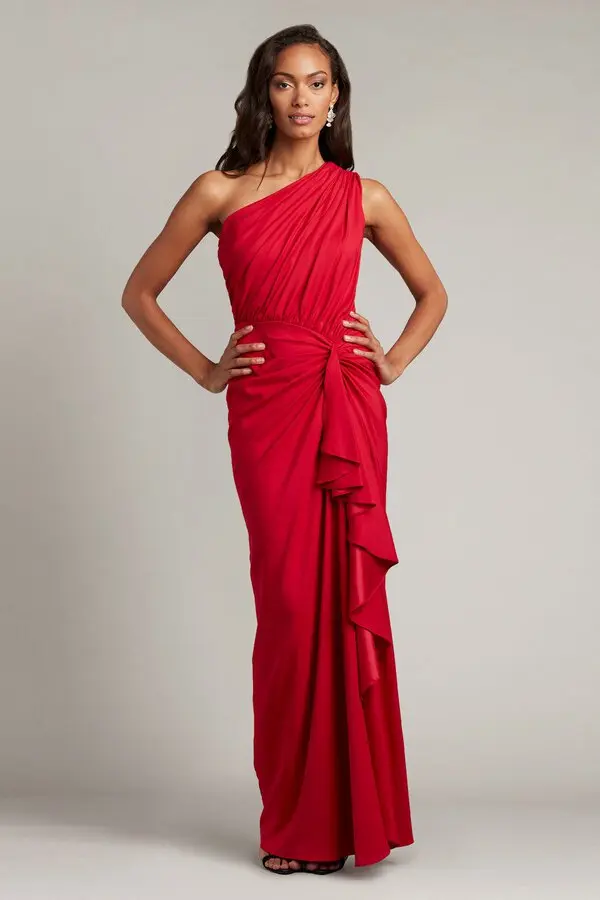 Tadashi Shoji Lena Waterfall Drape Gown - Pop Red