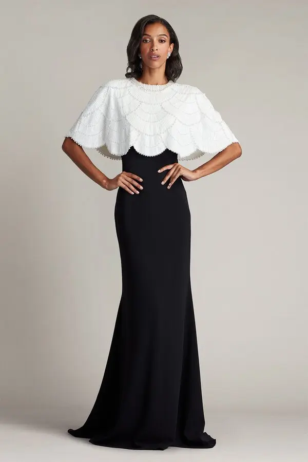 Tadashi Shoji Reba Embellished Cape Overlay Gown - Ivory/black