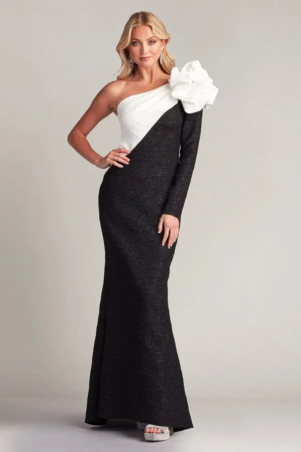 Tadashi Shoji Markey One-shoulder Puff-sleeve Gown - Ivory/black