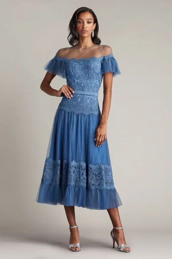Tadashi Shoji Elise Embroidered Pleated Tulle Midi Dress - Blue Stone