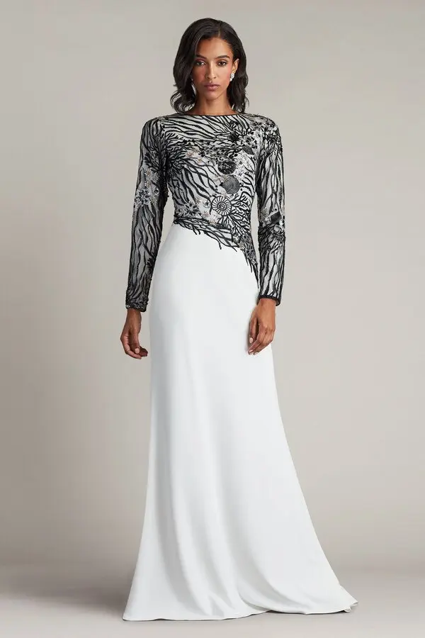 Tadashi Shoji Wade Sea Embroidered Crepe Gown - Black/ivory