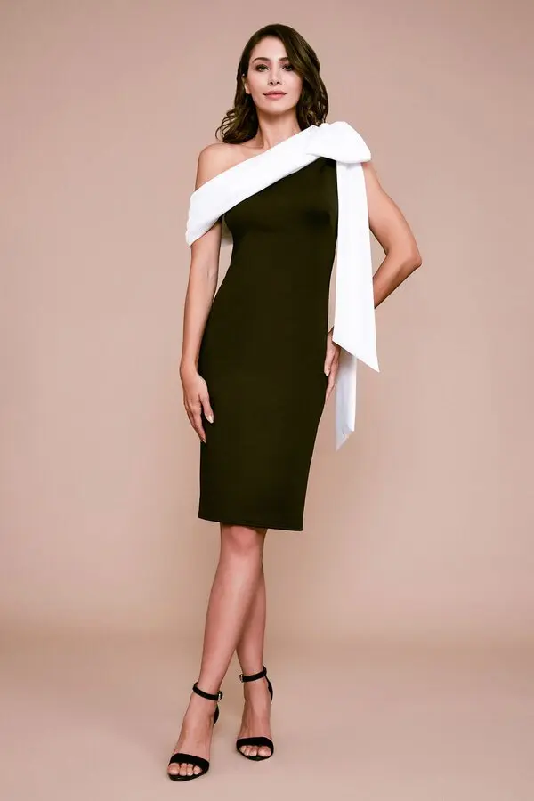 Tadashi Shoji Rigel Crepe One-shoulder Neoprene Dress With Bow Detail - Black/ivory