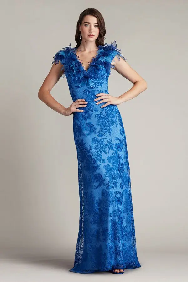 Tadashi Shoji Liana Floral Embellished Gown - Pacific Blue