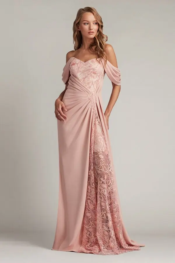 Tadashi Shoji Pilat Draped Bead Embroidered Gown - Pale Pink