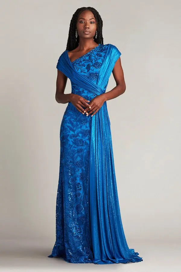Tadashi Shoji Chantelle Sequin Embroidered Draped Sash Gown - Pacific Blue