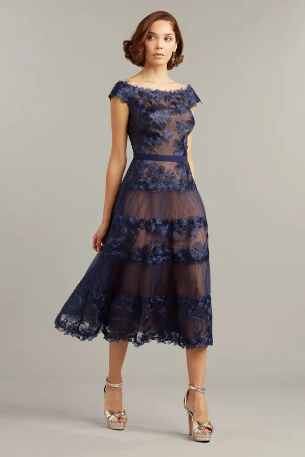 Tadashi Shoji Adriane Floral Embroidered Tea-length Dress - Navy/nude