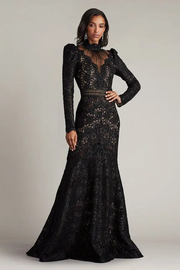 Tadashi Shoji Enzo Sequin Embroidered High Neck Illusion Gown - Black/nude