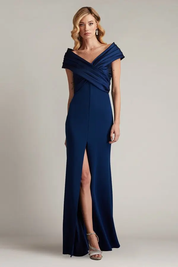 Tadashi Shoji Benz Pleated Portrait Collar Gown - Navy