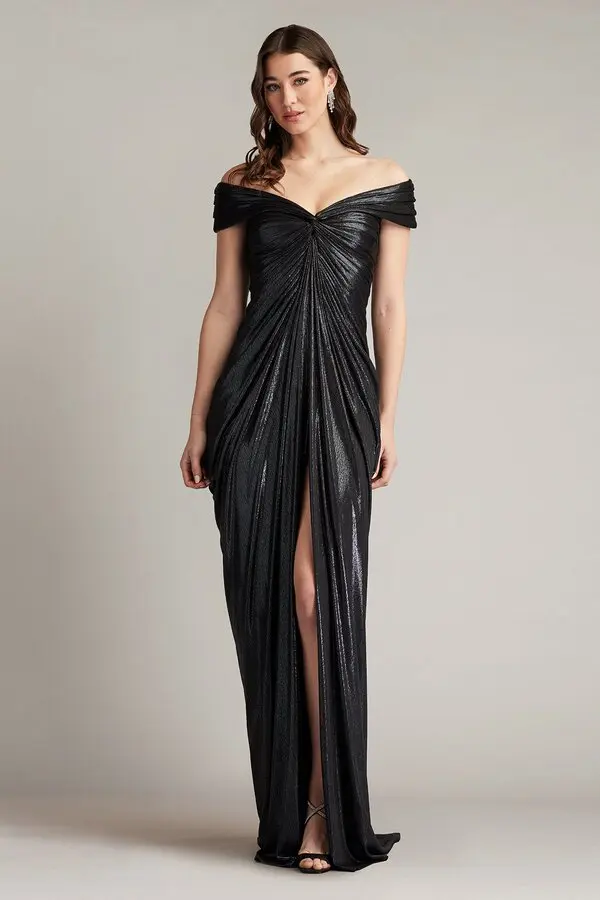 Tadashi Shoji Hera Pleated Lamé Gown - Titanium