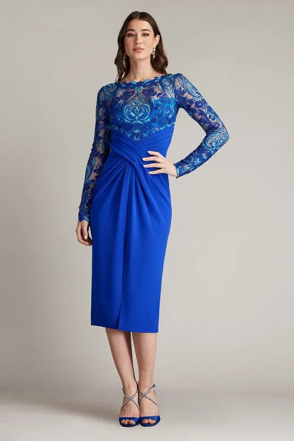 Tadashi Shoji Denton Crisscross Draped Midi Dress - Blue Gaze