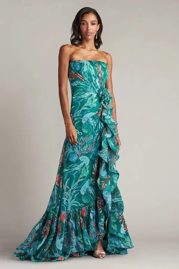 Tadashi Shoji Morwenna Oceanic Print Ruffle Gown - Bamboo