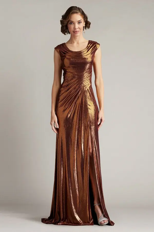 Tadashi Shoji Houghton Metallic Crisscross Draped Gown - Copper