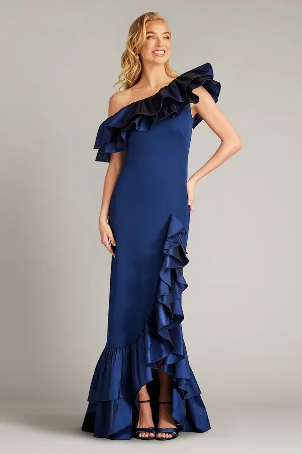 Tadashi Shoji Bala Ruffle Trim Gown - Navy