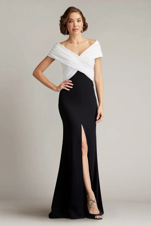Tadashi Shoji Benz Pleated Portrait Collar Gown - Ivory/black