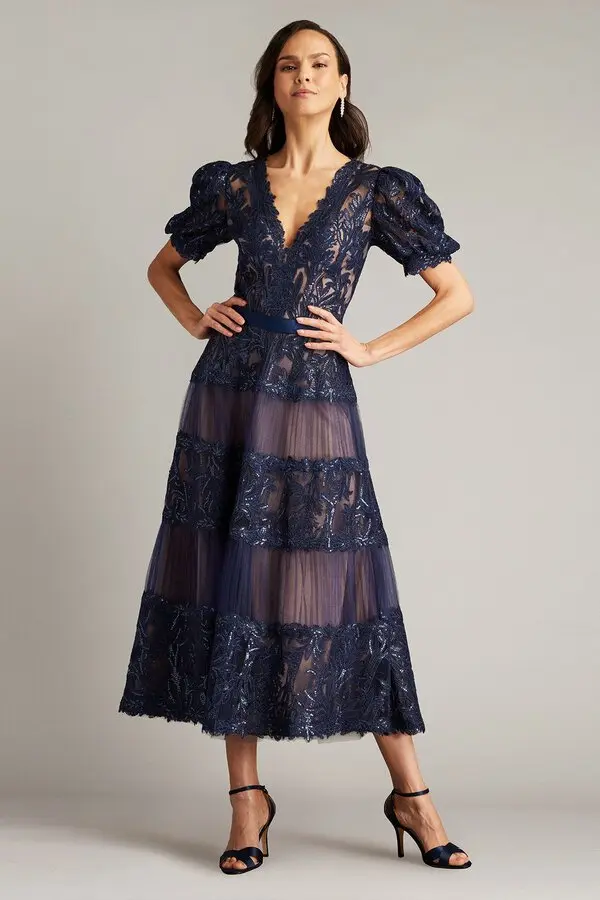 Tadashi Shoji Ziya Embellished Puff Sleeve Midi Dress - Midnight/nude