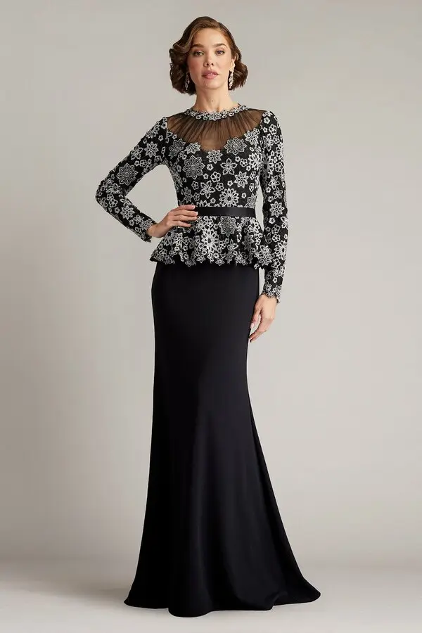 Tadashi Shoji Lata Embroidered Belted Peplum Gown - Ivory/black
