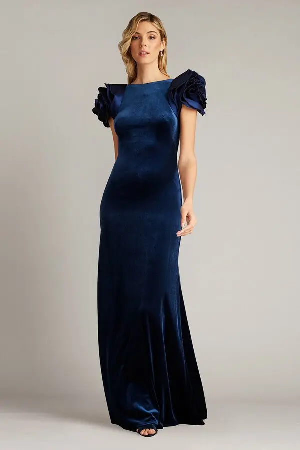 Tadashi Shoji Maylee Rosette-shoulder Velvet Gown - Navy