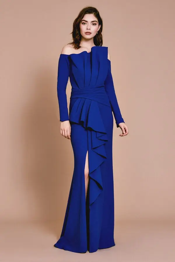 Tadashi Shoji Hitchens Cascading Flounce Gown - Royal Blue