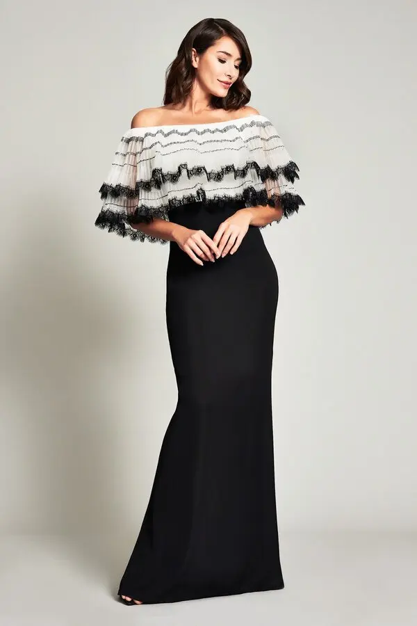 Tadashi Shoji Finnegan Off-shoulder Tulle Gown - White/black