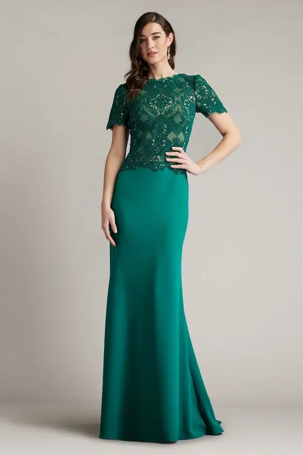 Tadashi Shoji Mitra Lattice Embroidered Bodice Gown - Emerald