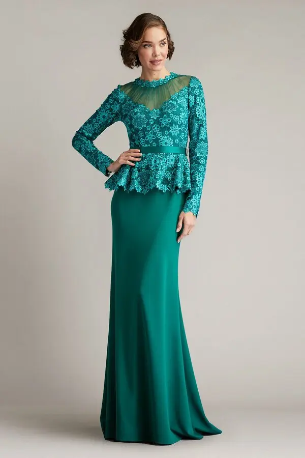 Tadashi Shoji Lata Embroidered Belted Peplum Gown - Emerald