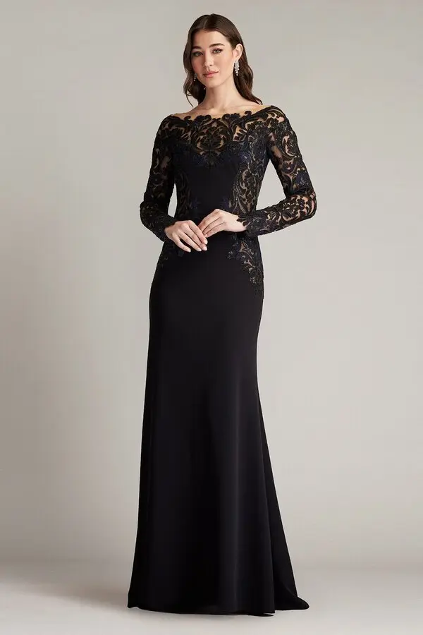 Tadashi Shoji Damita Sequin Embroidered Illusion Gown - Black/nude