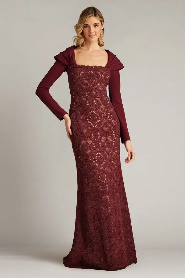 Tadashi Shoji Ambar Embroidered Portrait Collar Gown - Cinnamon