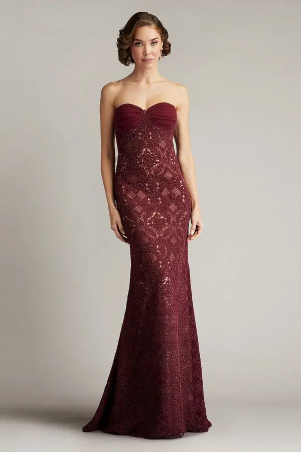Tadashi Shoji Kohli Strapless Lattice Embroidered Gown - Cinnamon