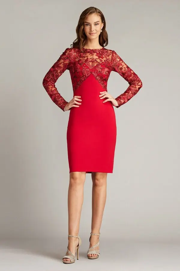 Tadashi Shoji Ena Embroidered Tulle & Crepe Cocktail Dress - Cranberry