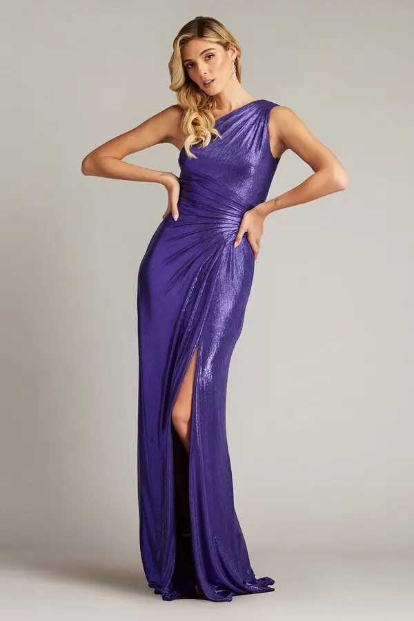 Tadashi Shoji Gaelia One Shoulder Draped Metallic Gown - Hyacinth
