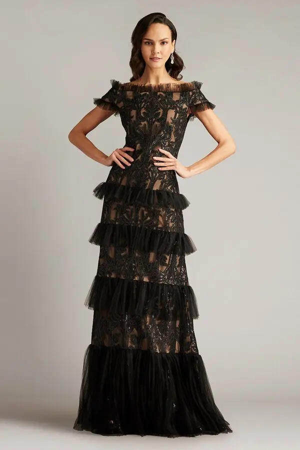 Tadashi Shoji Pemma Sequin Embroidered Tiered Gown - Black/nude
