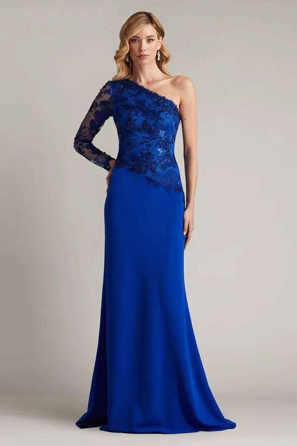 Tadashi Shoji Abner One Shoulder Embroidered Bodice Gown - Blue Bell