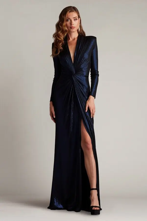 Tadashi Shoji Ferrum Metallic Twist Drape Gown - Royal Navy