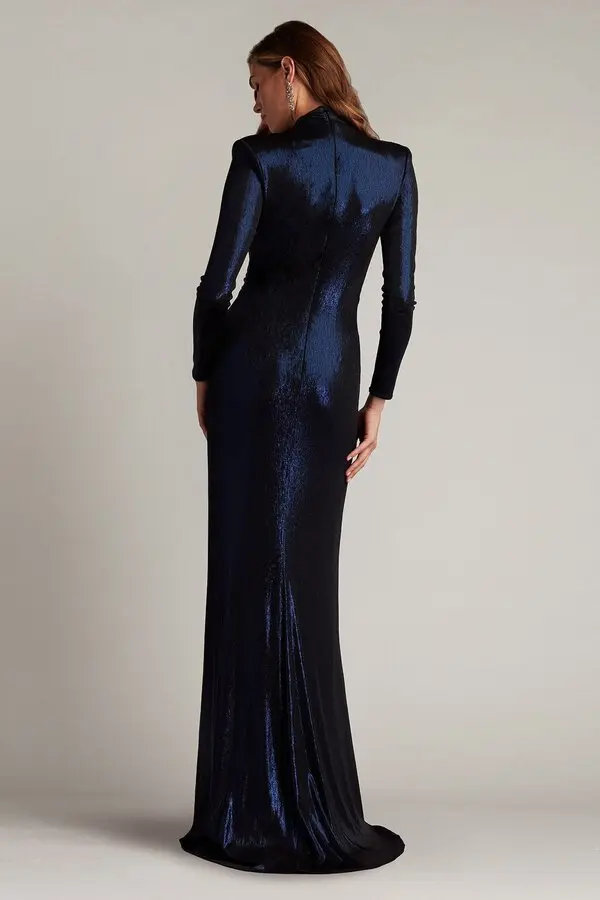 Tadashi Shoji Metallic Twist Drape Gown