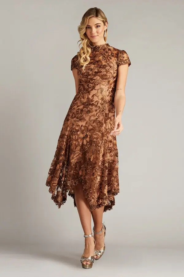 Tadashi Shoji Fauna Embroidered Handkerchief Hem Dress - Mushroom