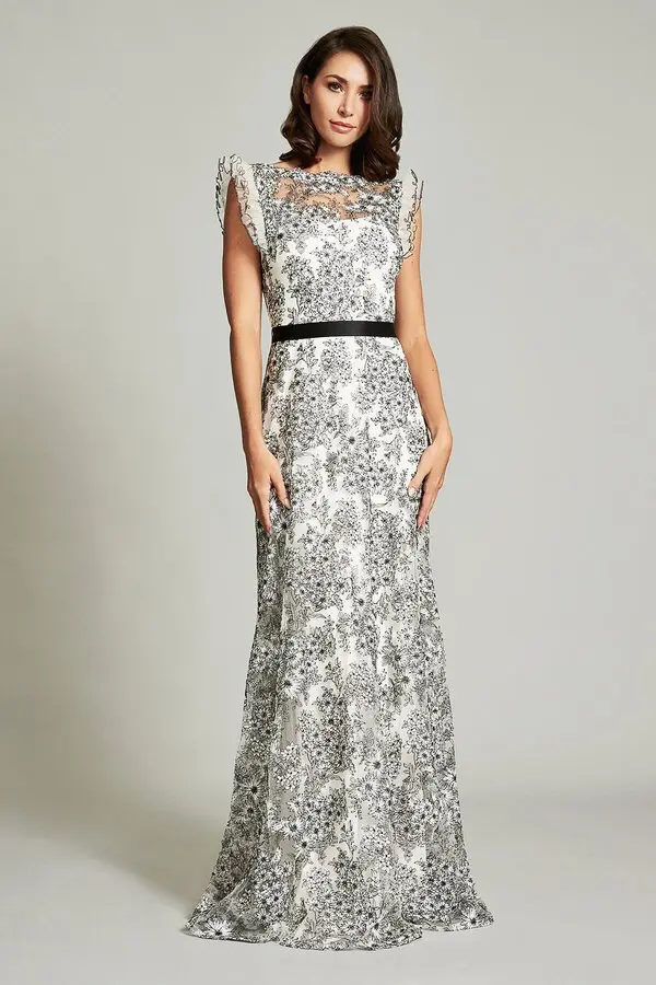 Tadashi Shoji Etsu Floral Illusion Gown - Black/ivory
