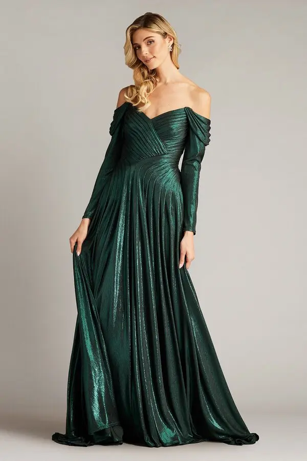 Tadashi Shoji Alysia Off-shoulder Pleated Drape Metallic Gown - Moss