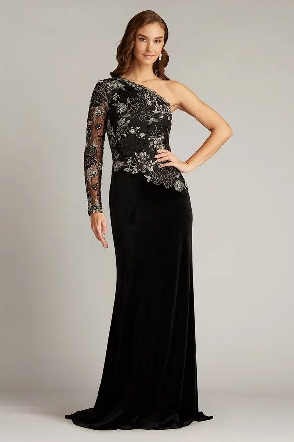 Tadashi Shoji Pisa Embroidered Tulle One Sleeve Gown - Black/silver