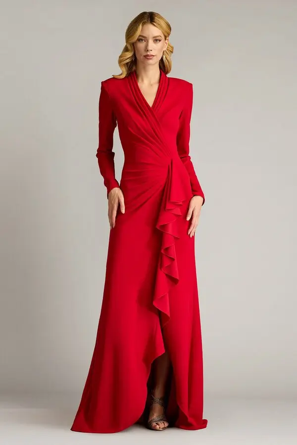 Tadashi Shoji Markum Long-sleeve Flounce Gown - Scarlet