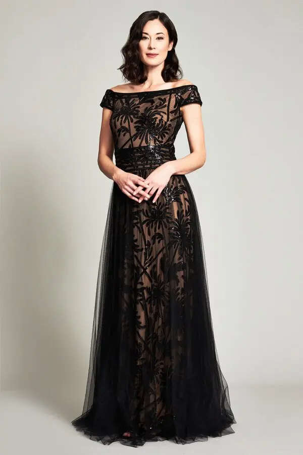 Tadashi Shoji Saeko Shimmering Tulle Gown - Black/nude