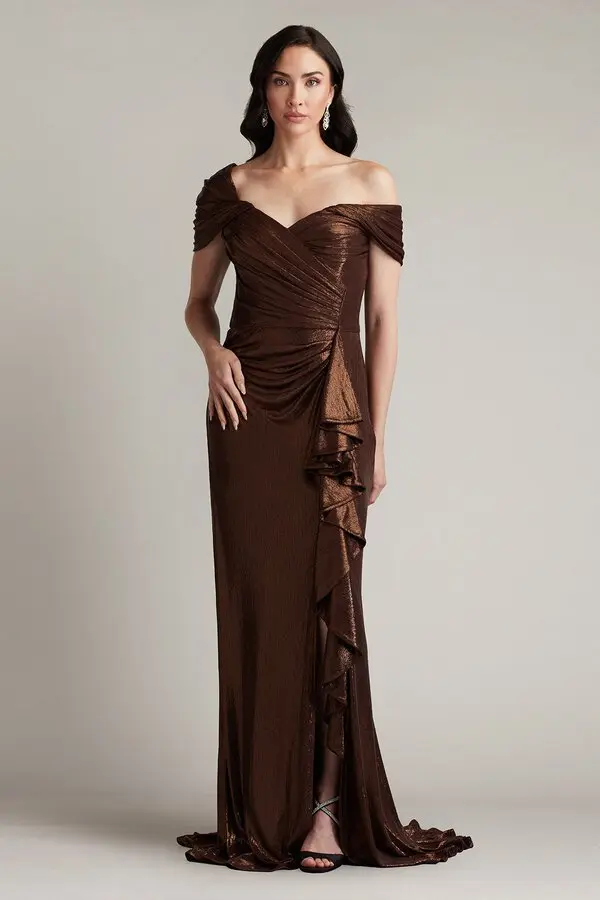Tadashi Shoji Drea Metallic Waterfall Flounce Gown - Bark