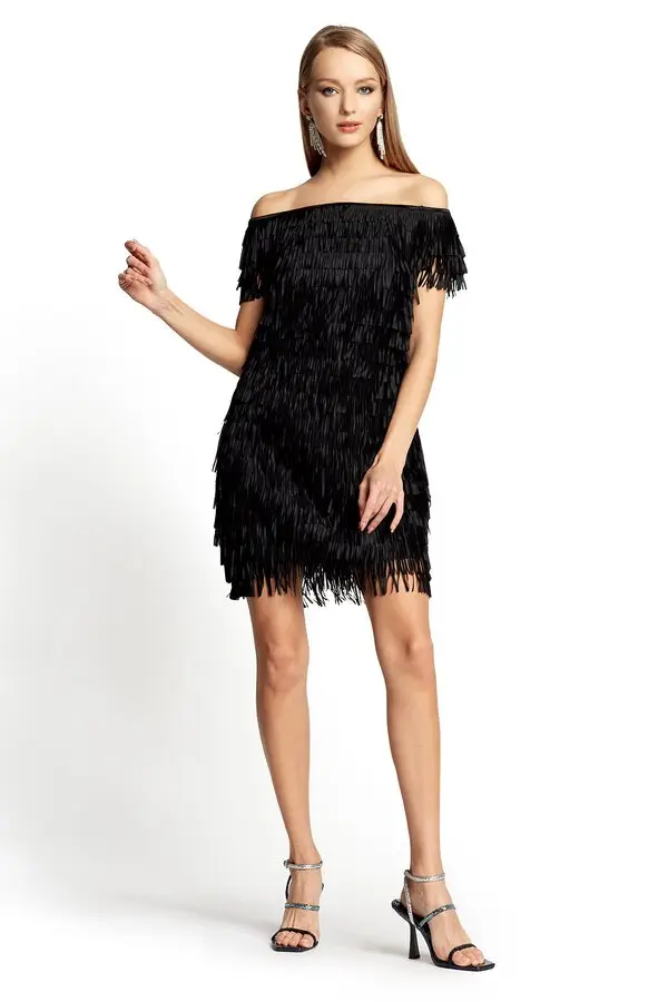 Tadashi Shoji Roxette Laser Cut Fringe Dress - Black