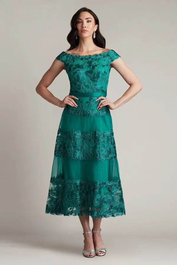 Tadashi Shoji Adriane Floral Embroidered Tea-length Dress - Emerald