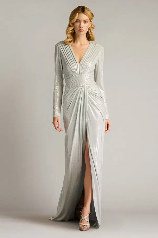 Tadashi Shoji Jonise Metallic Pleated Draped Gown - Silver