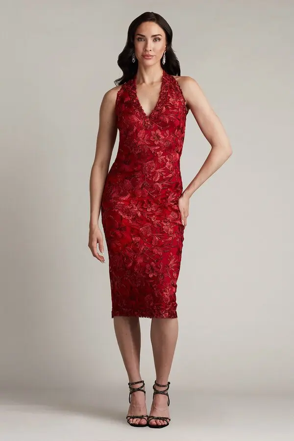 Tadashi Shoji Carlyle Embroidered Halter Dress - Cranberry