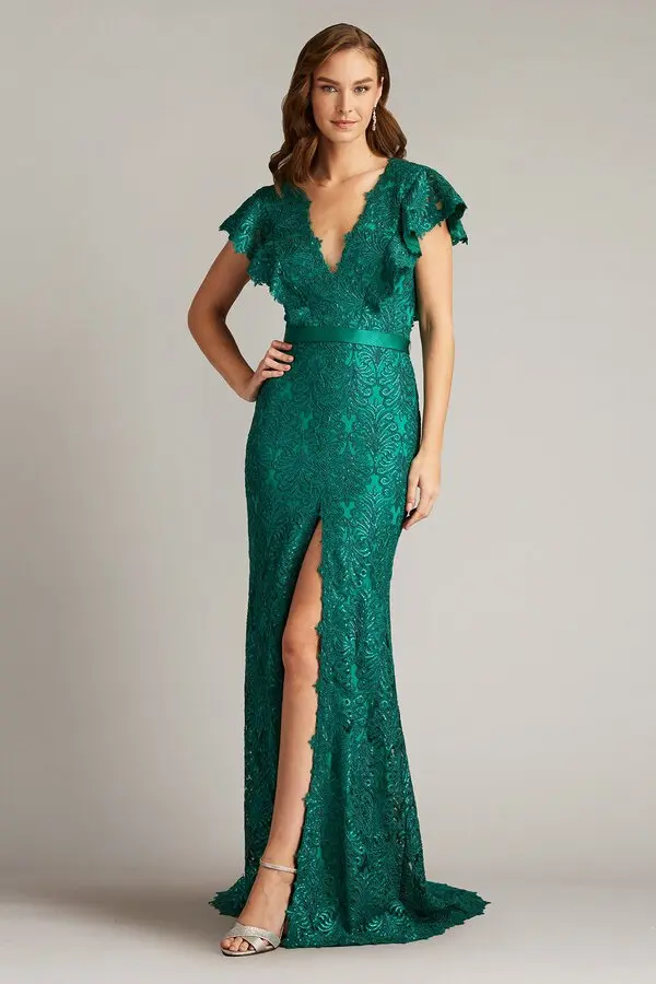 Tadashi Shoji Keck Sequin Embroidered Flutter Sleeve Gown - Pine