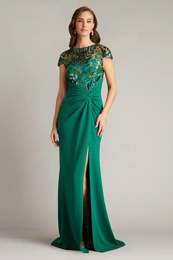 Tadashi Shoji Eleonora Draped Sequin Illusion Gown - Emerald