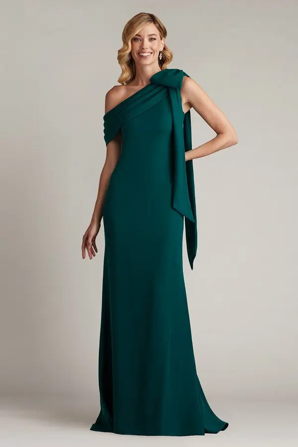 Tadashi Shoji Cassia Bow-shoulder Crepe Gown - Elm
