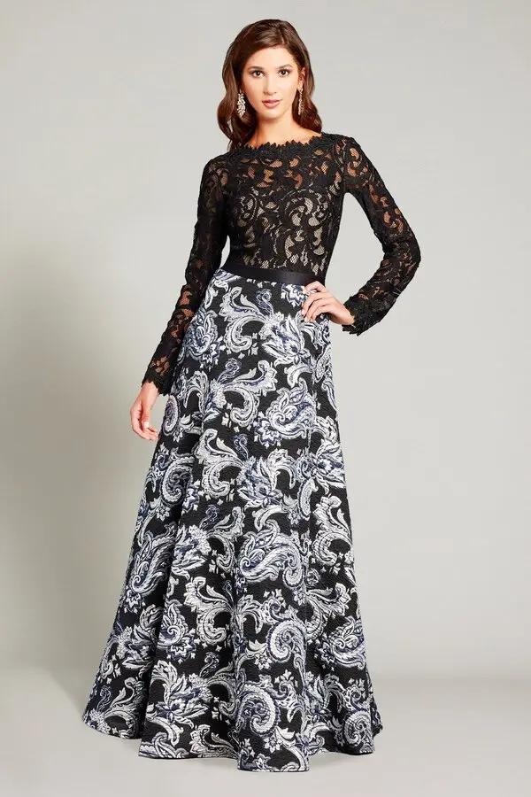Tadashi Shoji Darin Lace & Paisley-motif Jacquard Gown - Silver/black