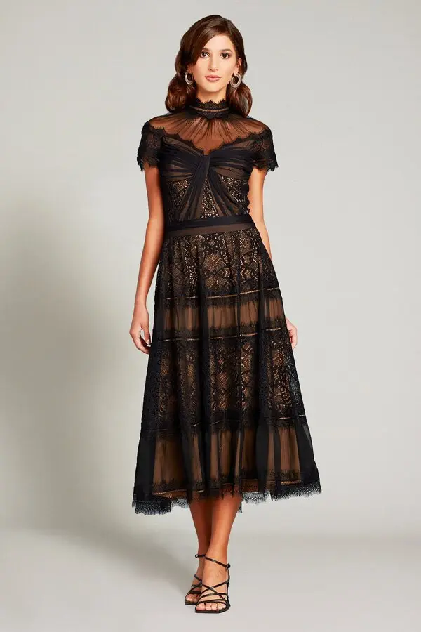 Tadashi Shoji Beren Tiered Illusion Dress - Black/nude